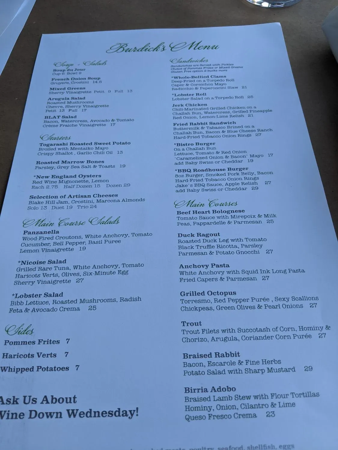 The Restaurant at Burdick's Menu - Updated October 2025