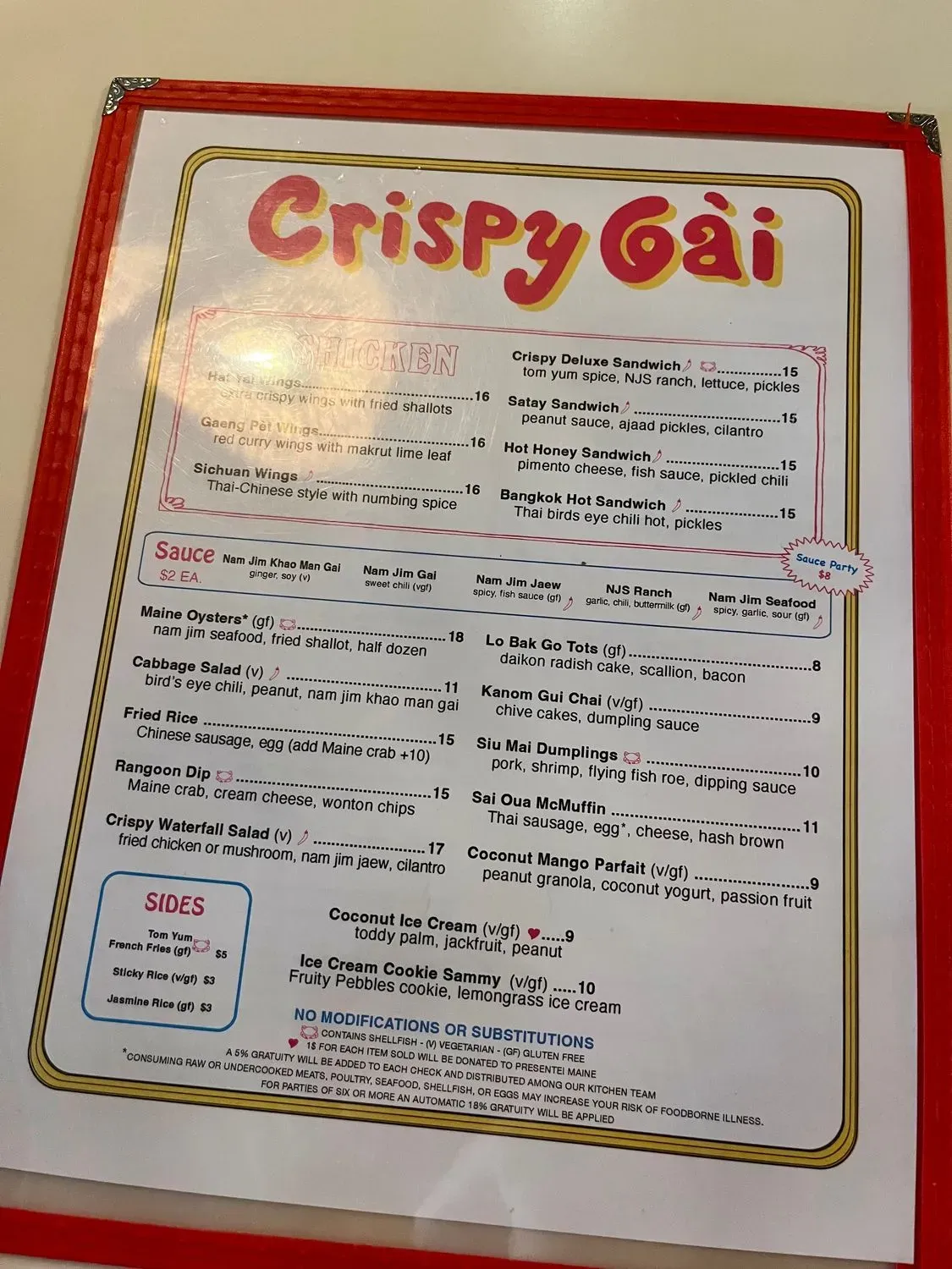 Crispy Gai Menu - Updated October 2025