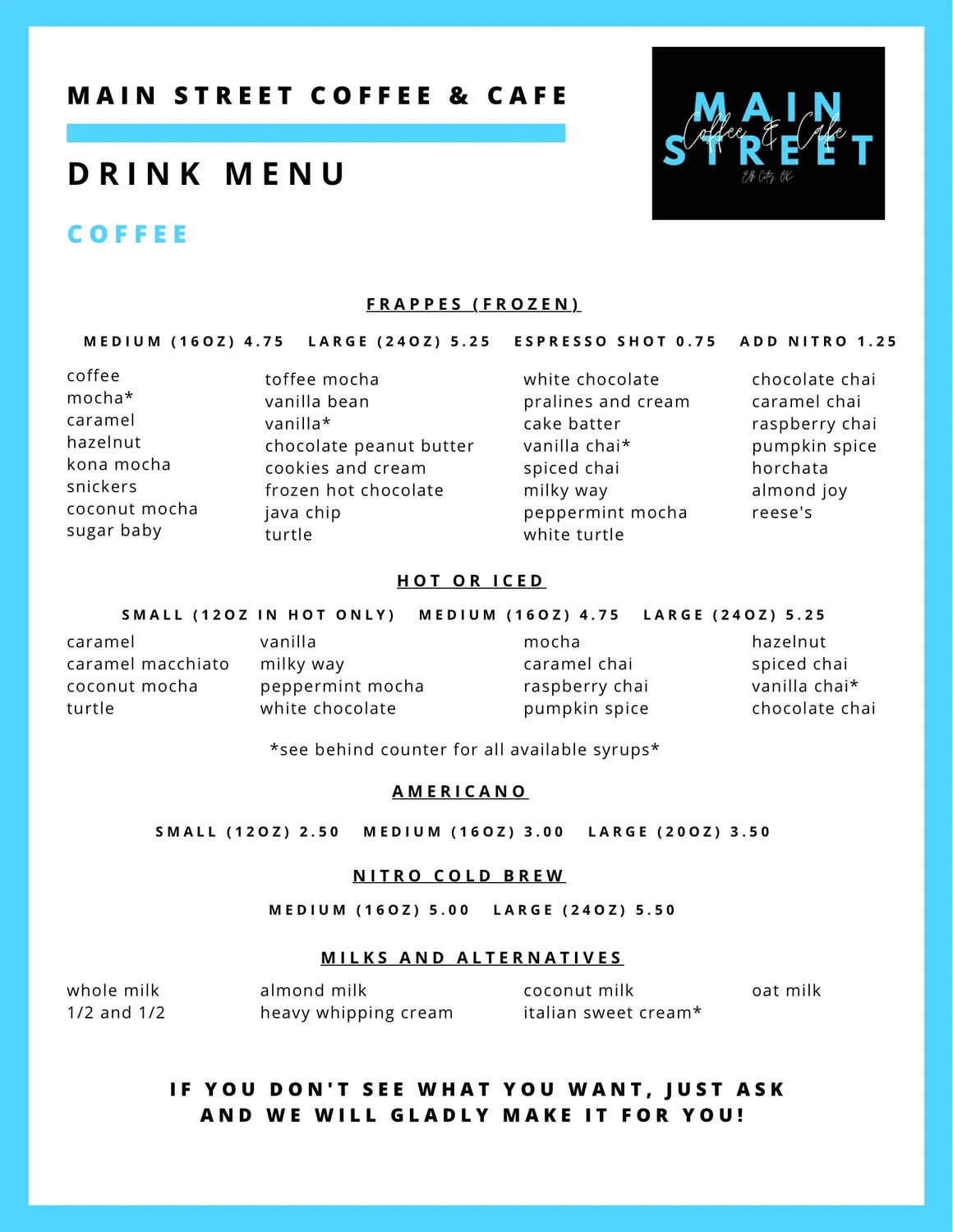 Main Street Coffee & Cafe Menu | Elk City, OK | Checkle