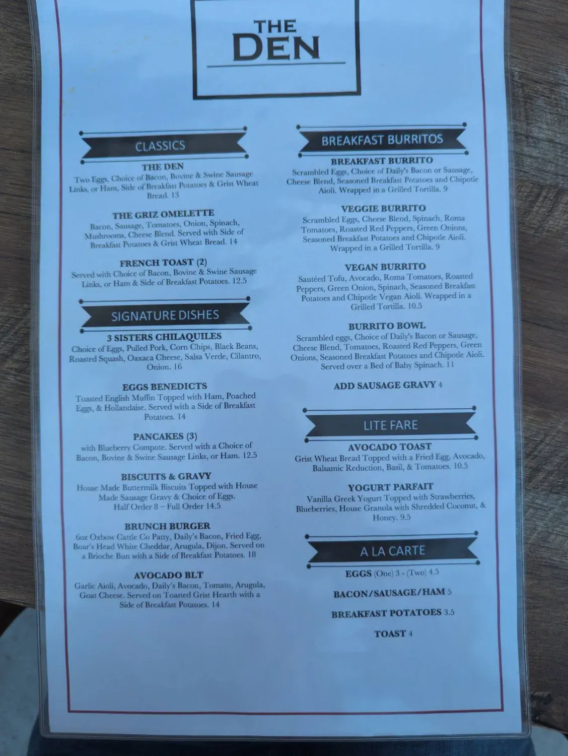 The Den Menu - Updated October 2025