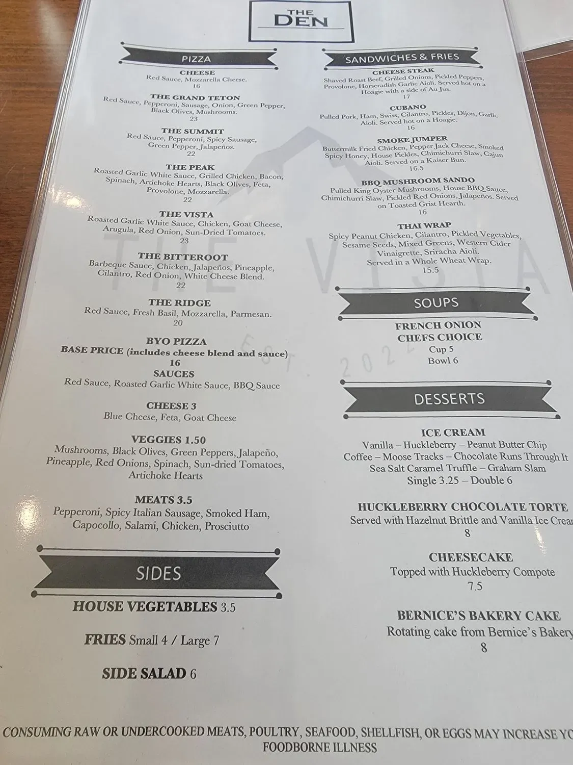 The Den Menu - Updated October 2025