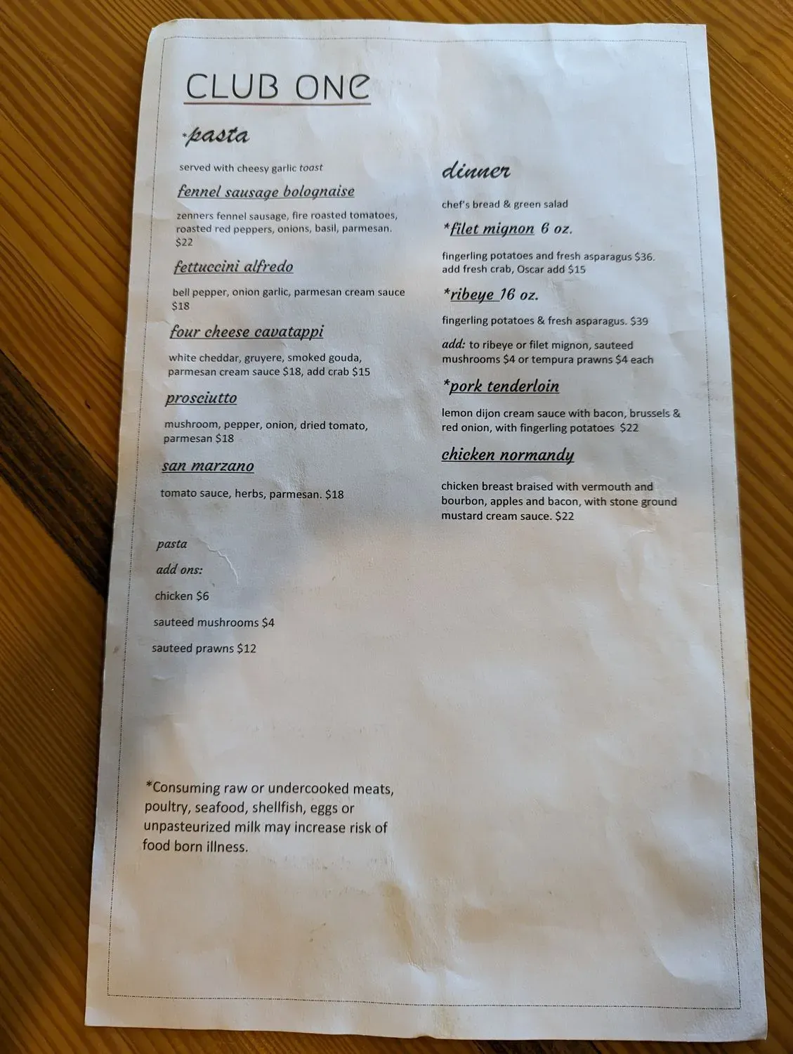 Club One Menu - Updated October 2025