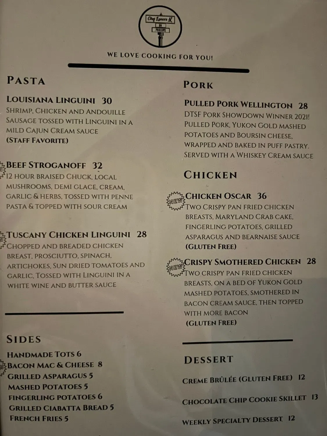 Chef Lance's on Phillips Menu - Updated October 2025