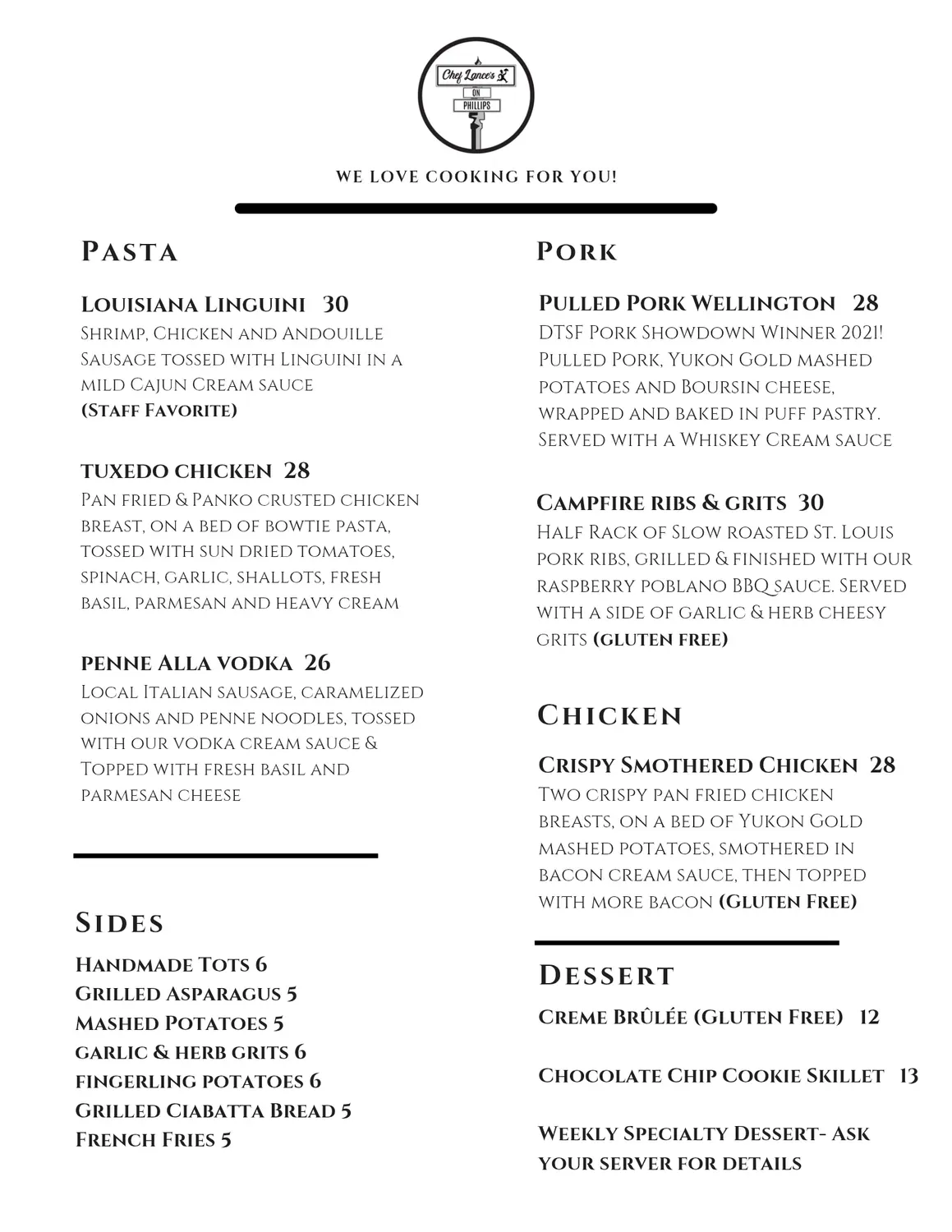 Chef Lance's on Phillips Menu - Updated October 2025