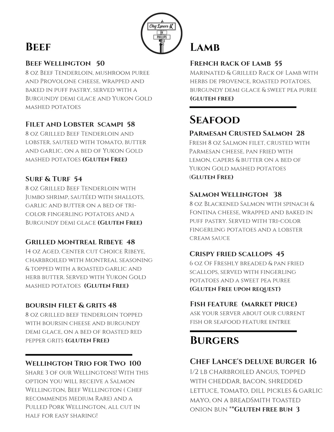 Chef Lance's on Phillips Menu - Updated October 2025