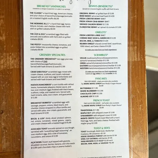 The Greenery Cafe Menu | Ogunquit, ME | Checkle