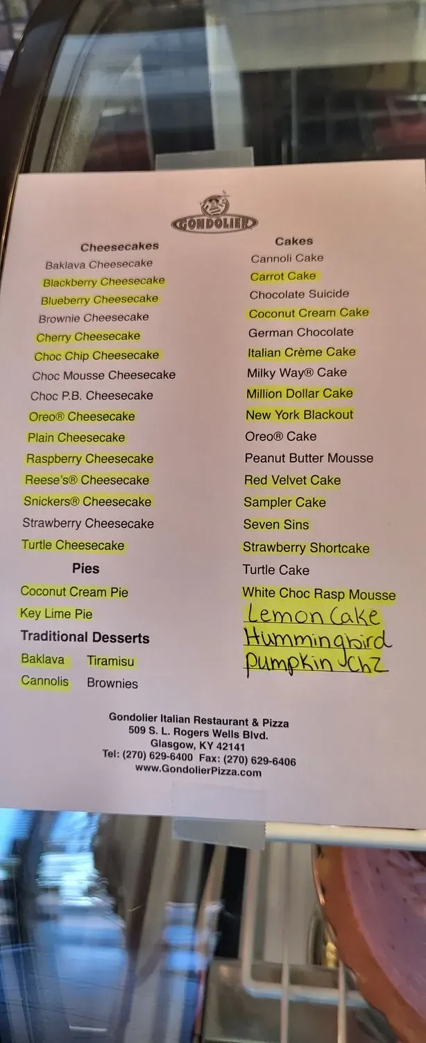 Gondolier Menu - Updated October 2025