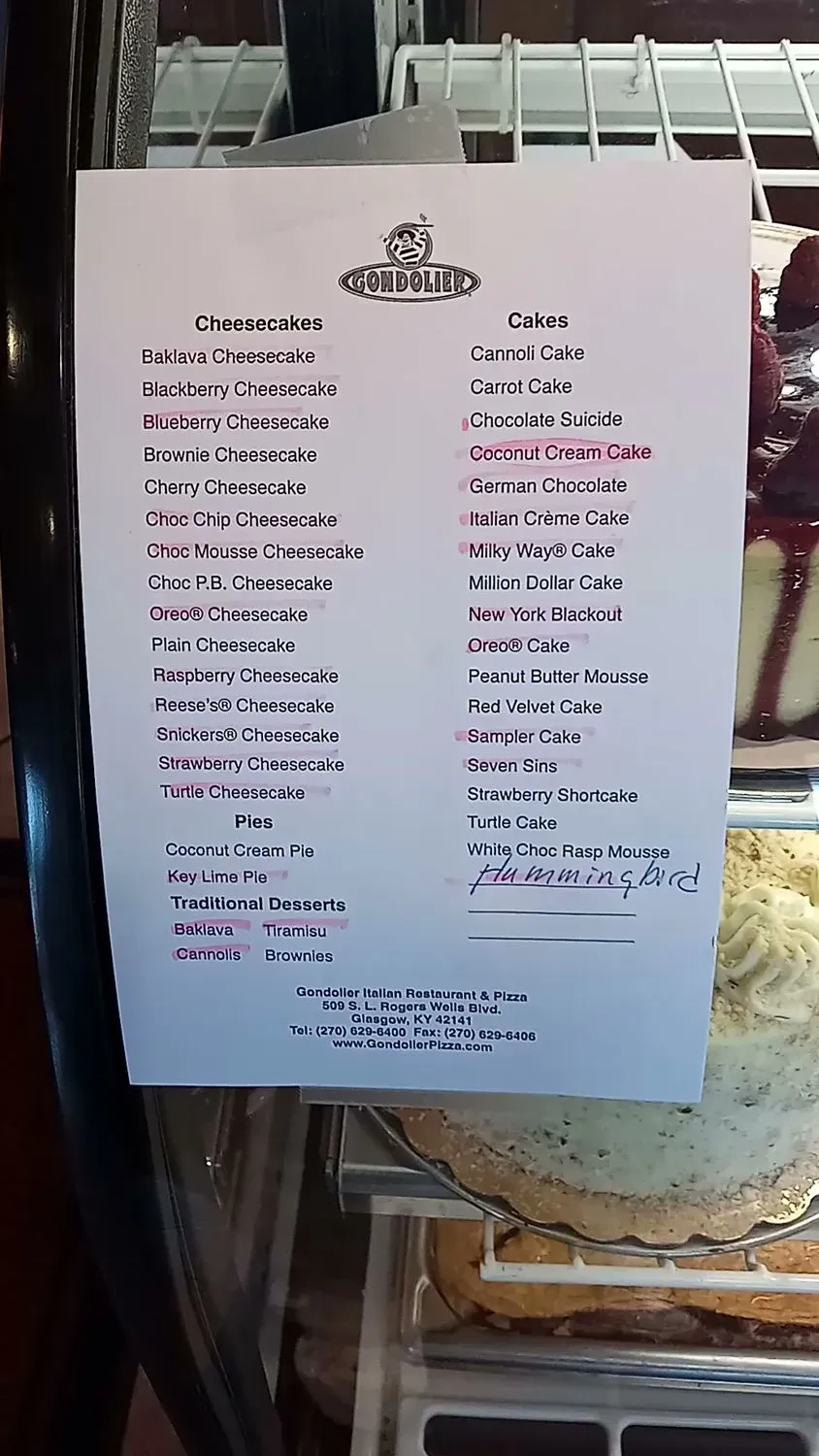 Gondolier Menu - Updated October 2025