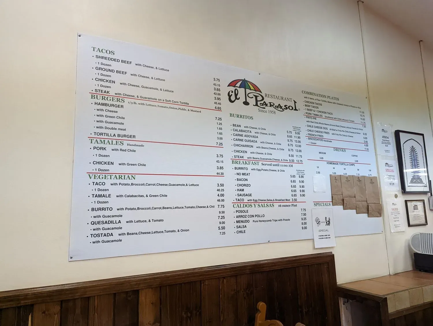 El Parasol Menu - Updated October 2025