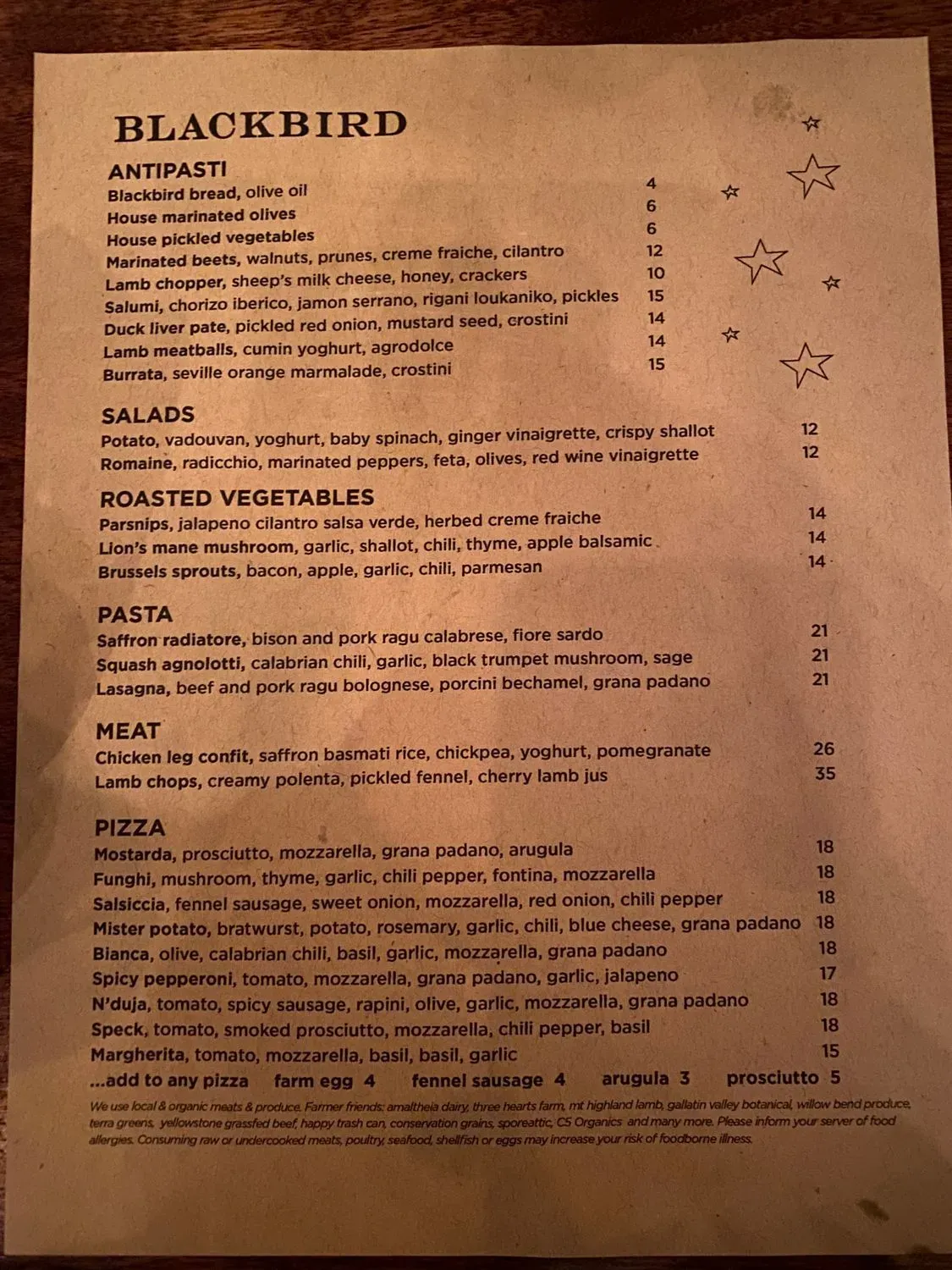 Blackbird Menu - Updated October 2025