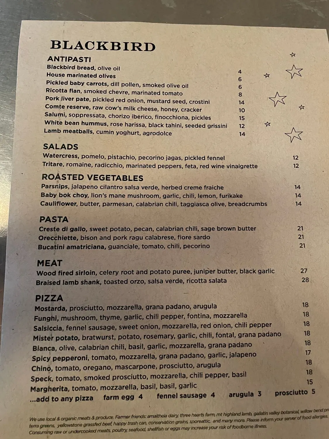 Blackbird Menu - Updated October 2025