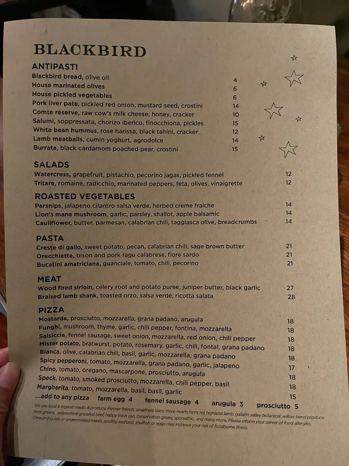 Blackbird Menu - Updated October 2025