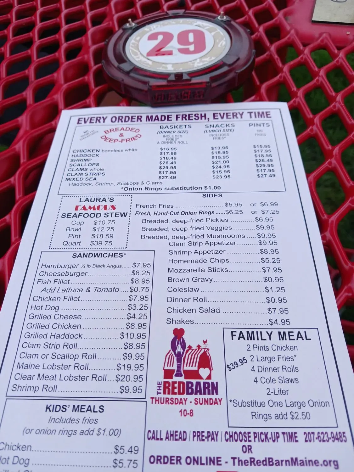 The Red Barn Menu - Updated October 2025