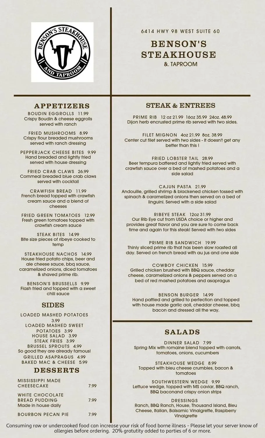 Benson’s Steakhouse Menu - Updated October 2025