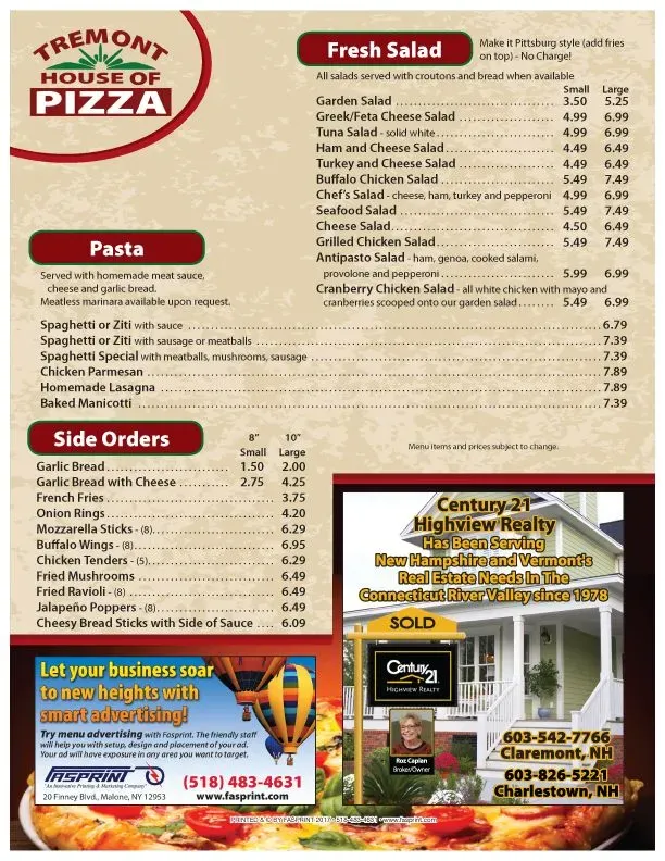 Tremont House of Pizza Menu - Updated October 2025