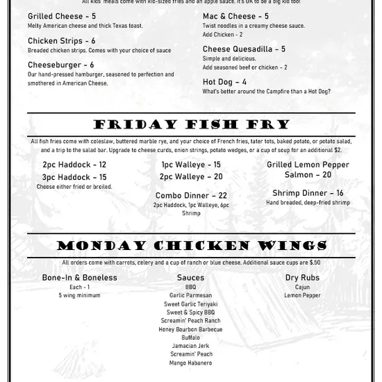 Campfire Bar & Grille Menu | Pickerel, WI | Checkle