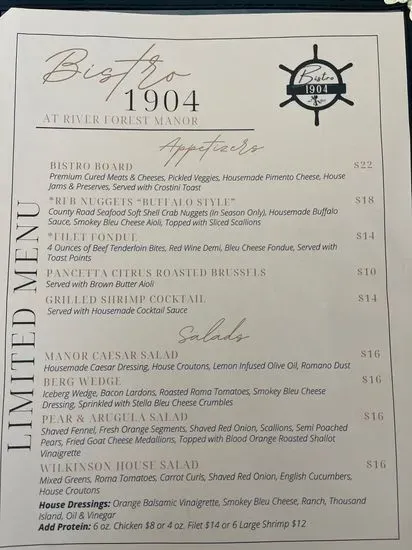 Bistro 1904 at River Forest Manor Menu | Belhaven, NC | Checkle