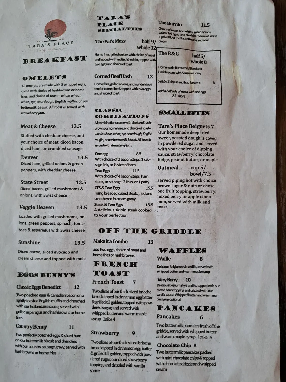 Tara's Place Menu - Updated August 2025