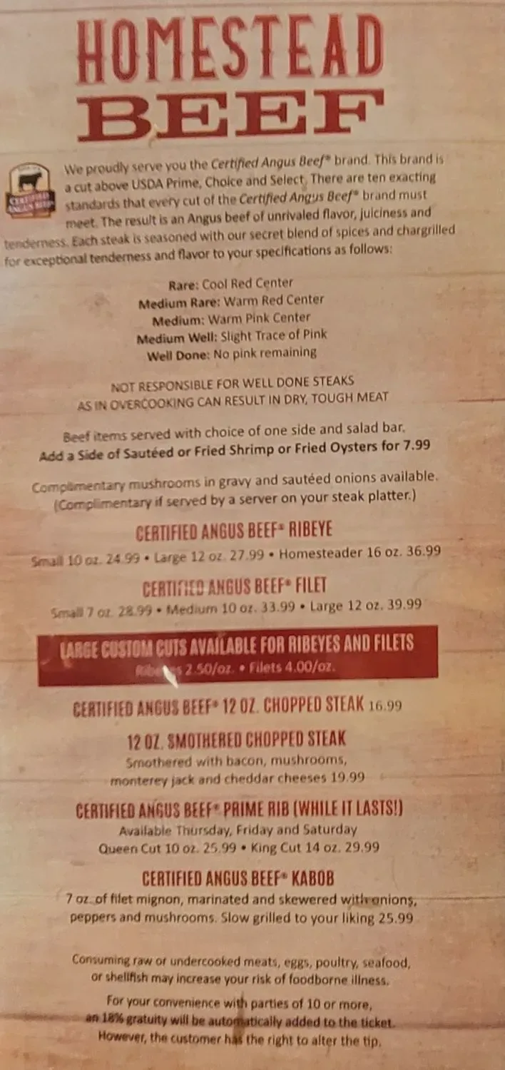 Homestead Steakhouse & Restaurant Menu - Updated October 2025