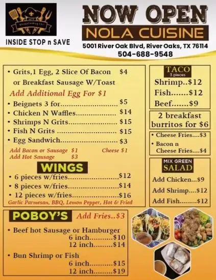 Always Cooking Nola Menu | River Oaks, TX | Checkle