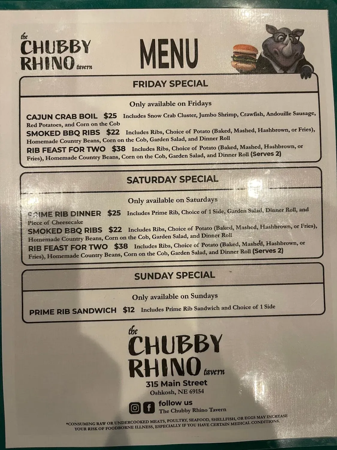 The Chubby Rhino Menu - Updated July 2025