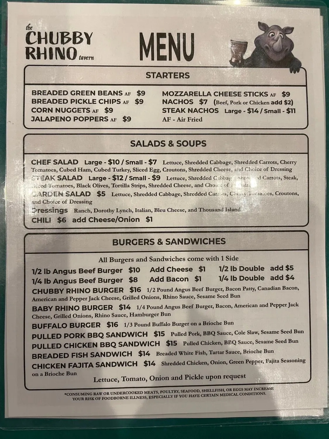 The Chubby Rhino Menu - Updated July 2025