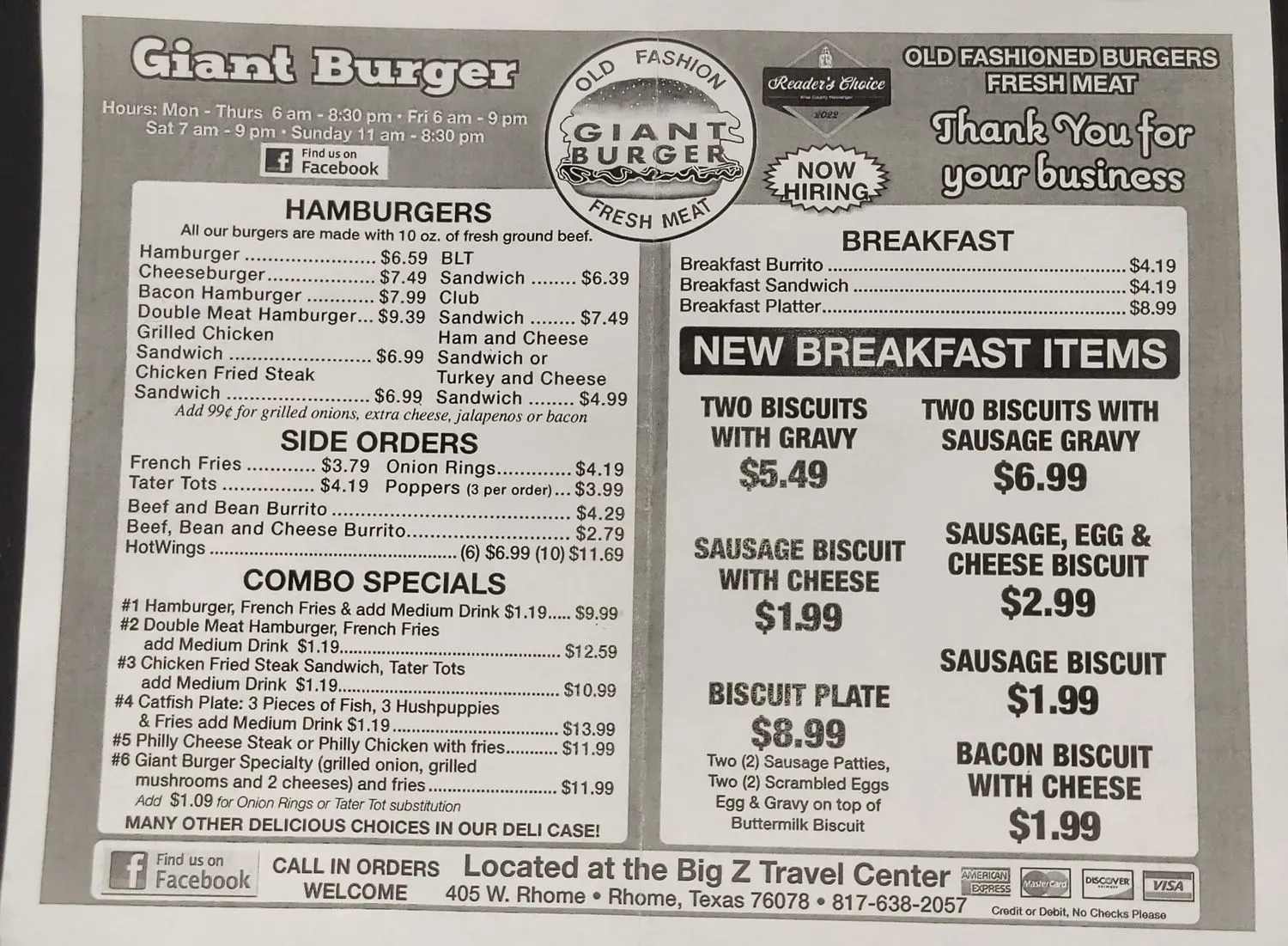 Giant Burger Menu | Rhome, TX | Checkle