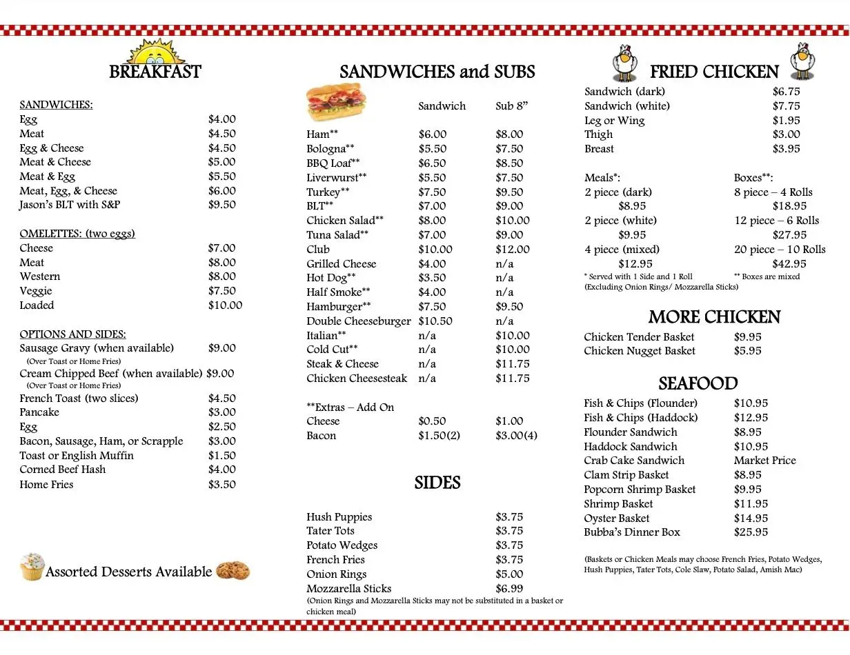 Bubba’s Place Menu - Updated October 2025