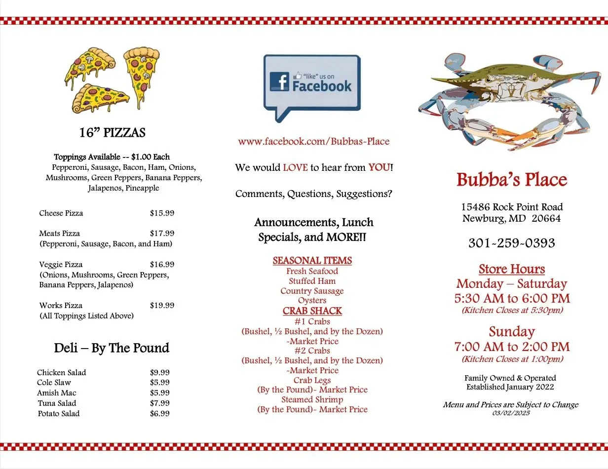 Bubba’s Place Menu - Updated October 2025