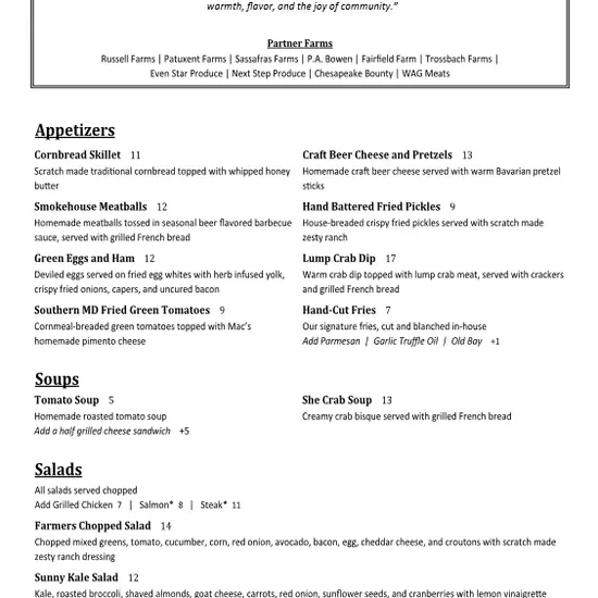 Mac's Tap & Table Menu | Leonardtown, MD | Checkle