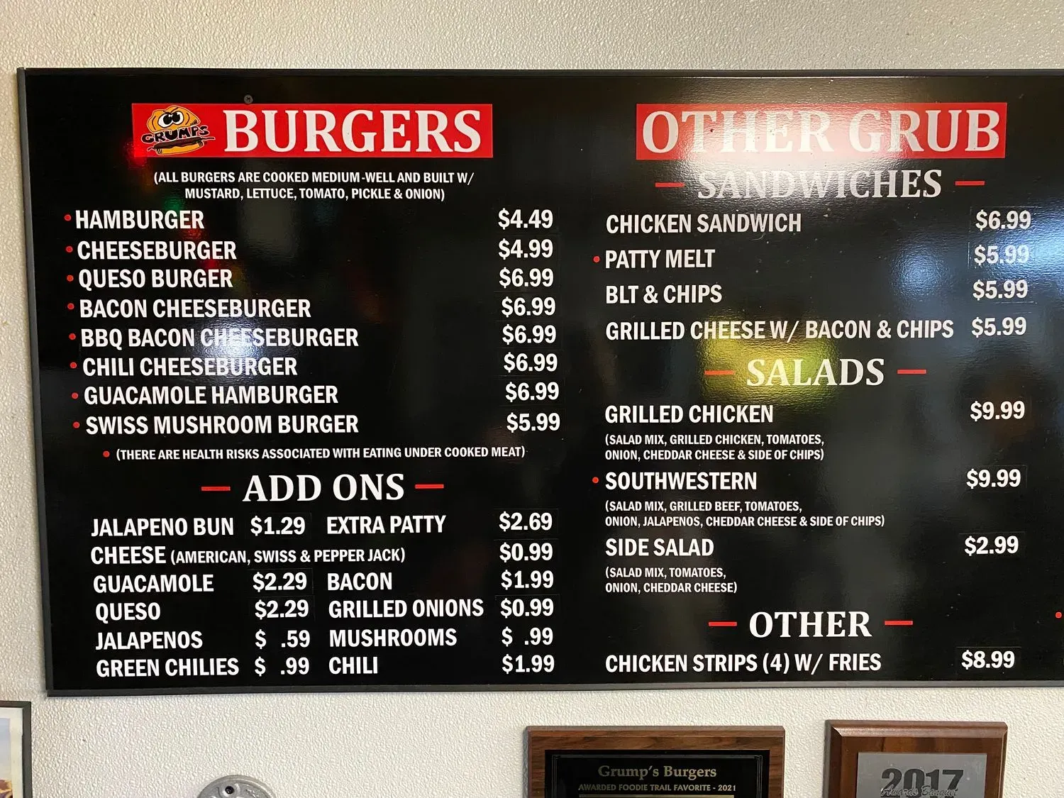 Grumps Burgers Menu - Updated October 2025