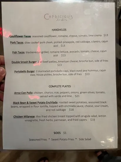 Capricious Menu | Newberry, FL | Checkle