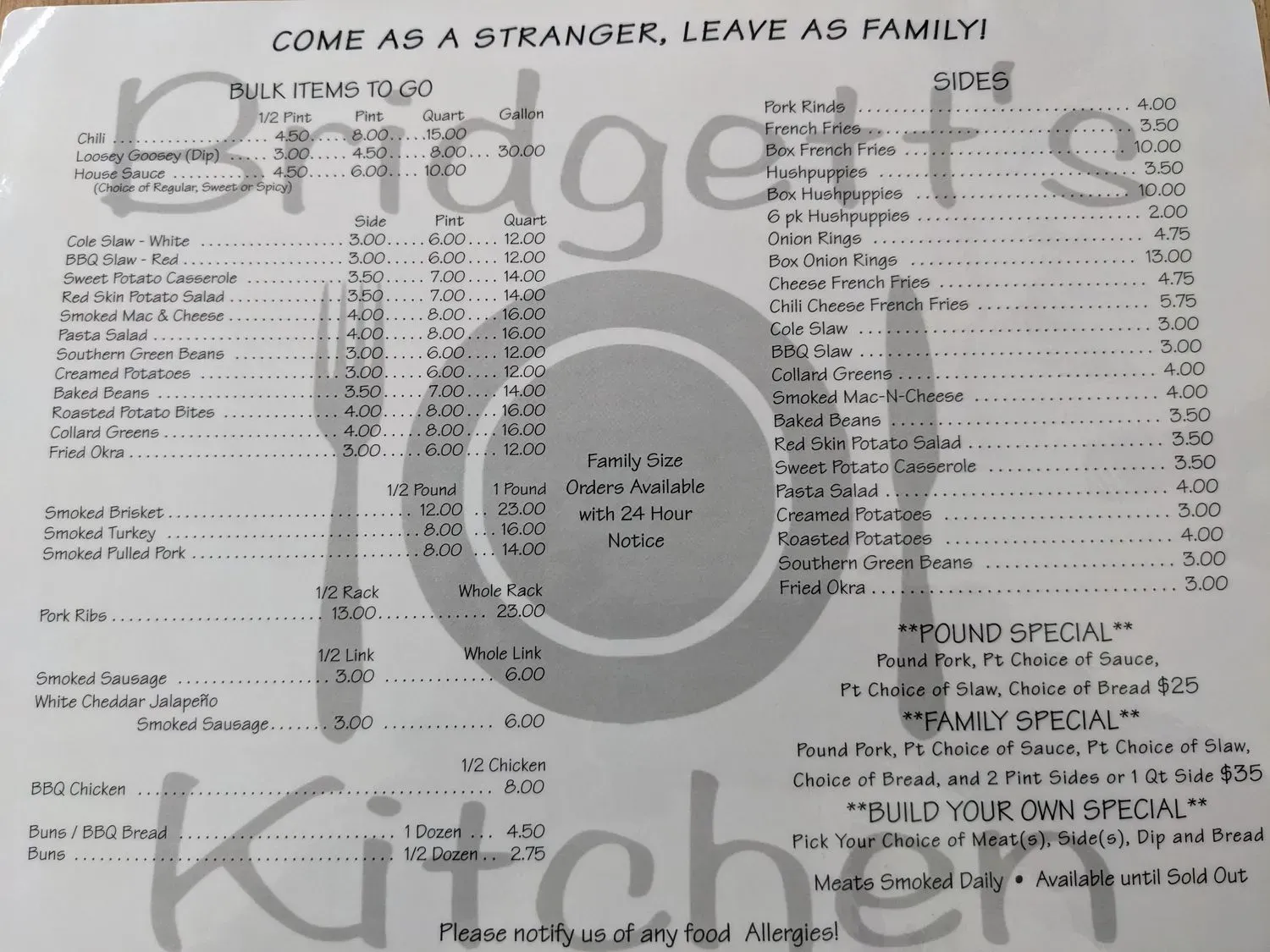 Bridgett's Kitchen Menu | Lexington, NC | Checkle