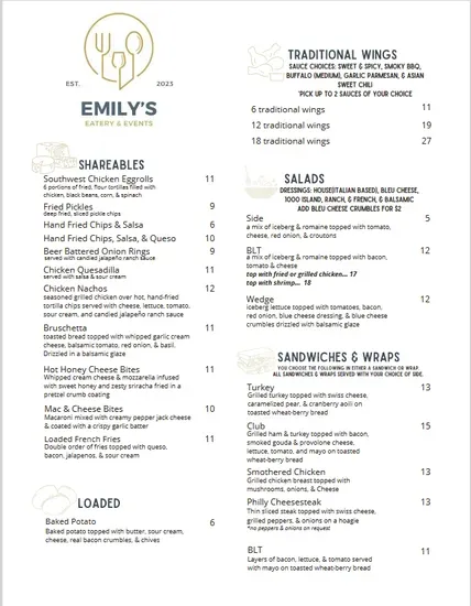 Emily's Eatery & Events Menu | Dowell, IL | Checkle