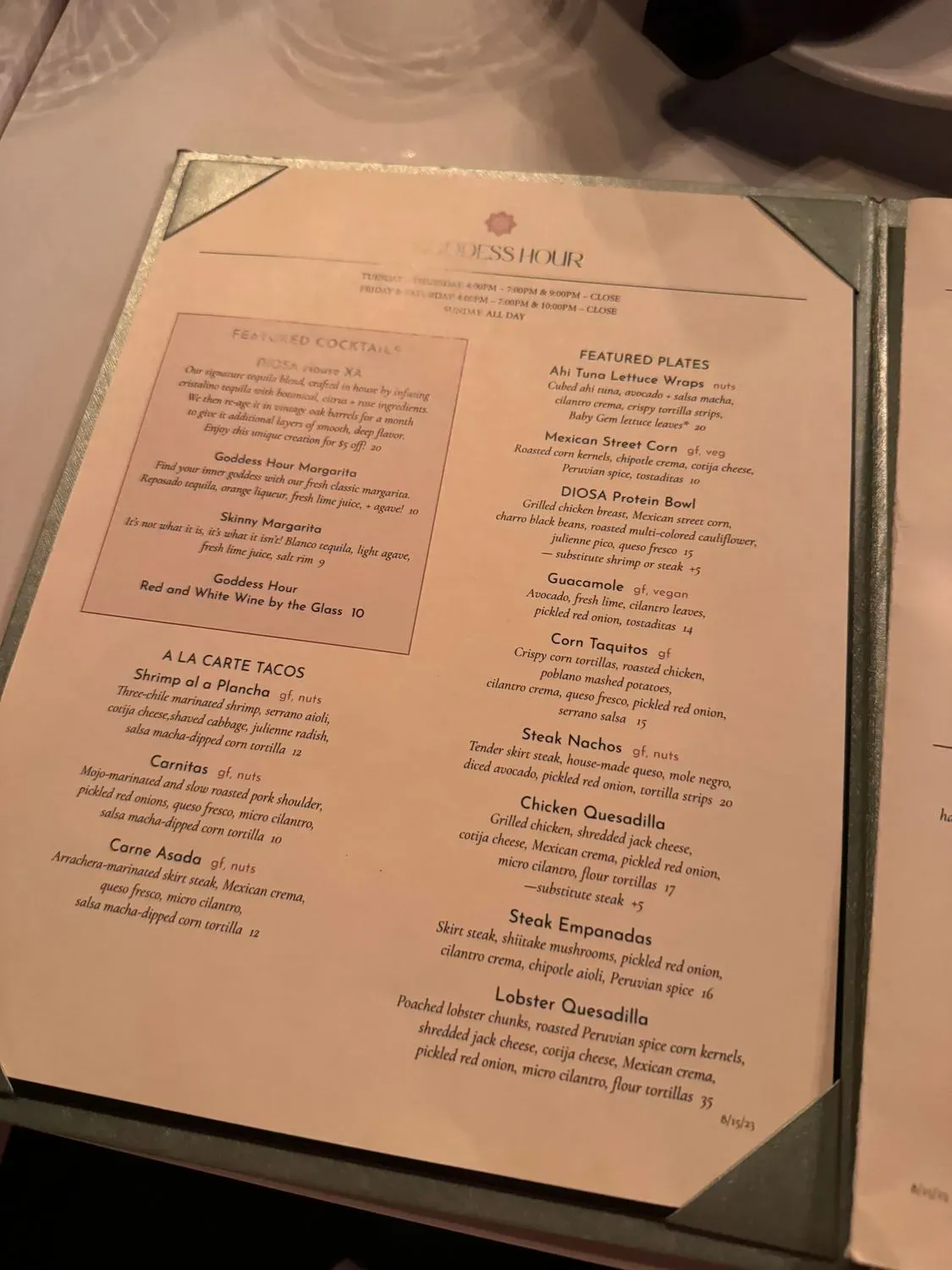 DIOSA Downey Menu - Updated October 2025