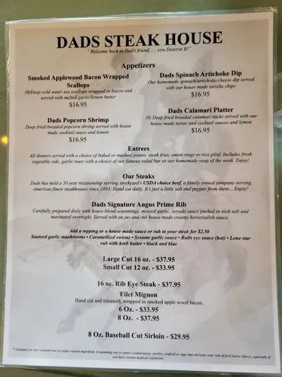 Dad's Bar & Steakhouse Menu | Thayne, WY | Checkle