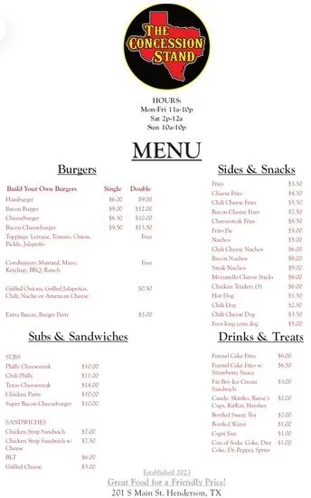 The Concession Stand Menu | Henderson, TX | Checkle