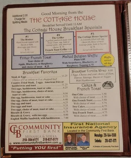 The Cotty- formerly Cottage House Cafe Menu | Menahga, MN | Checkle