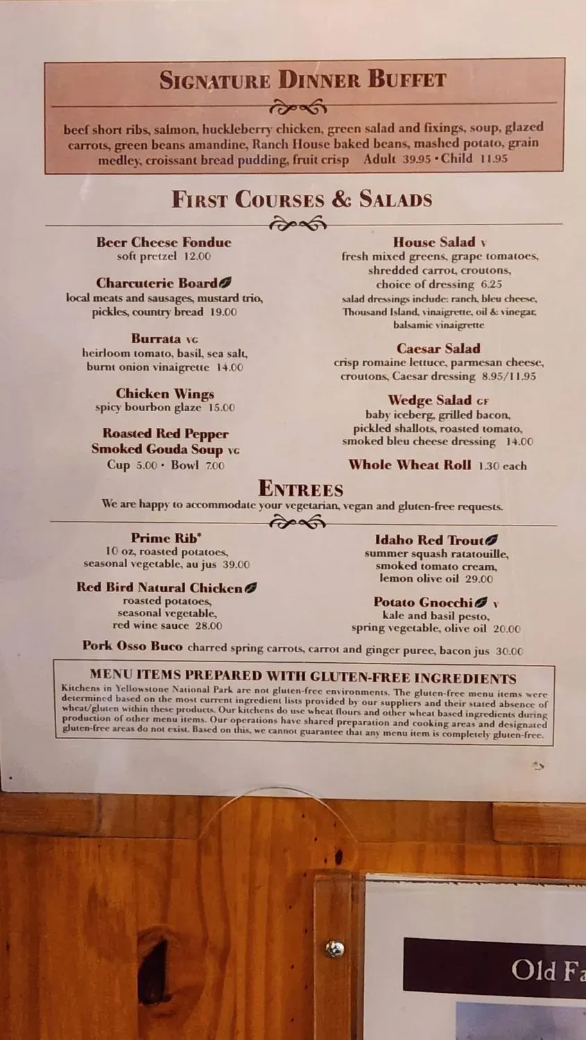Old Faithful Inn Dining Room Menu - Updated October 2025