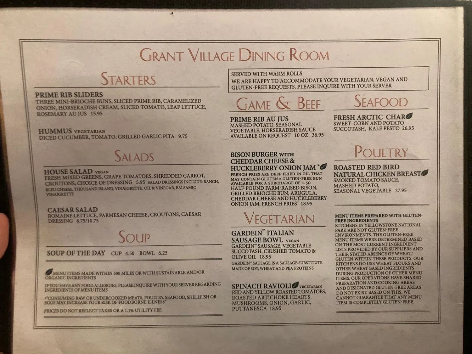 Grant Village Dining Room Menu - Updated October 2025