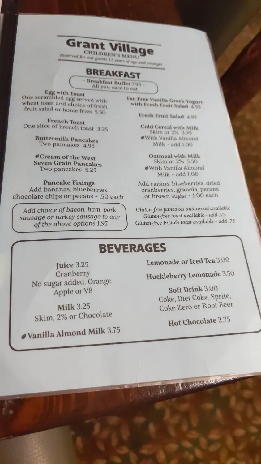 Grant Village Dining Room Menu - Updated October 2025