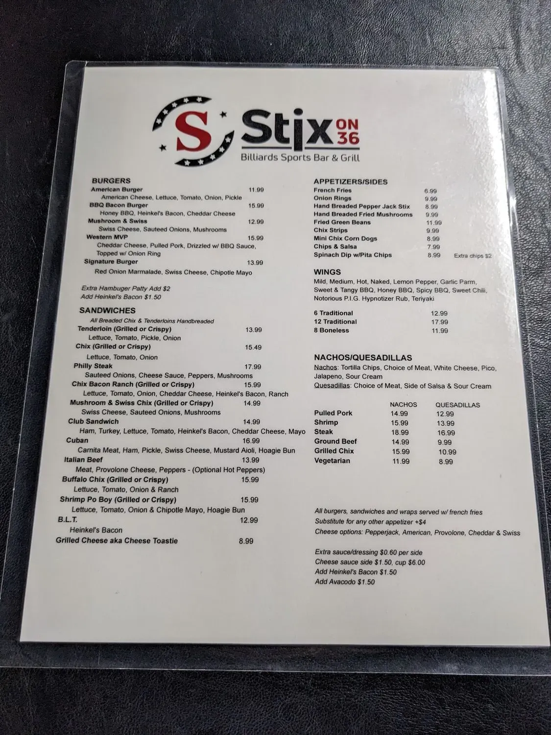 Stix on 36 Menu - Updated October 2025