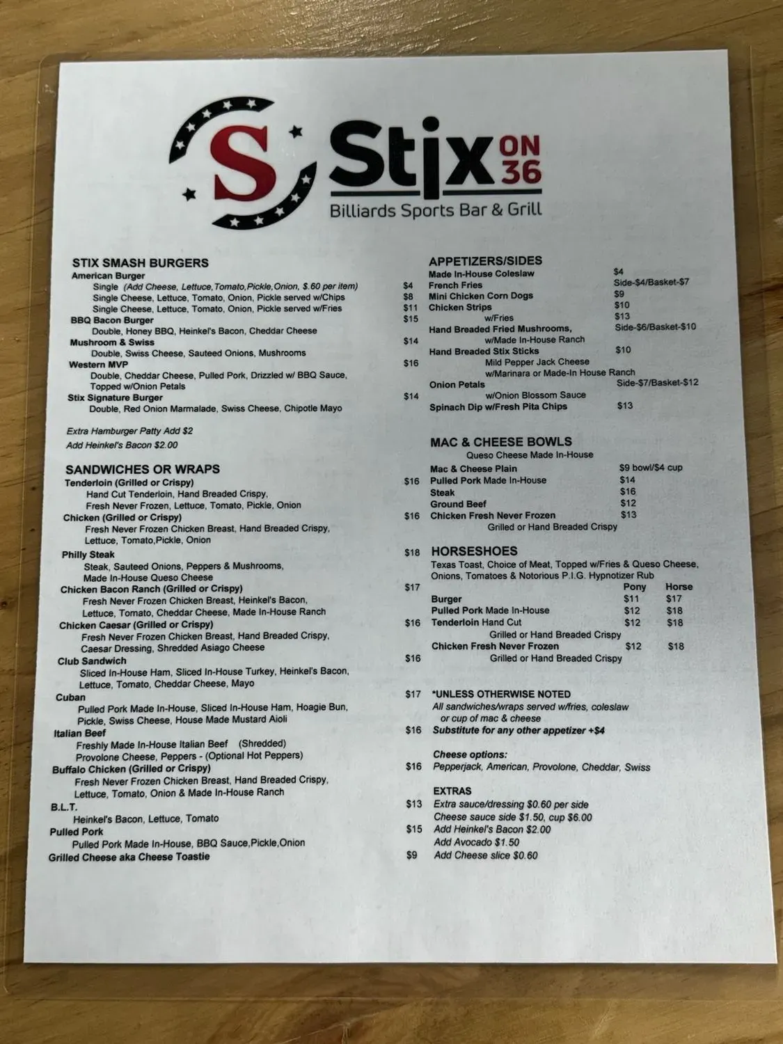 Stix on 36 Menu - Updated October 2025