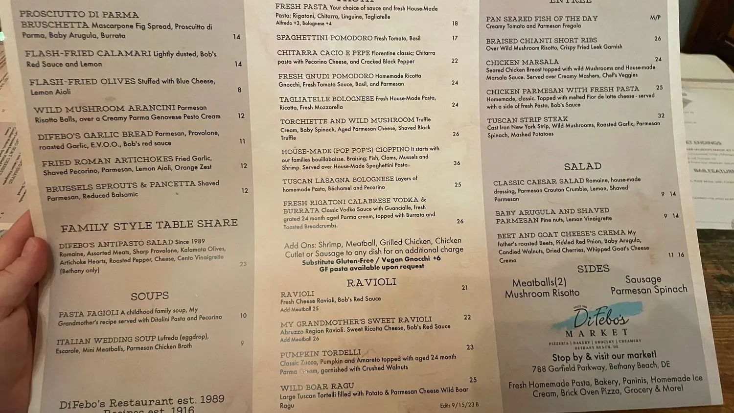 DiFebo's Restaurant Bethany Beach Menu - Updated October 2025