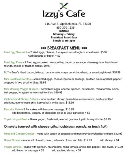 Izzy's Cafe Menu | Apalachicola, FL | Checkle