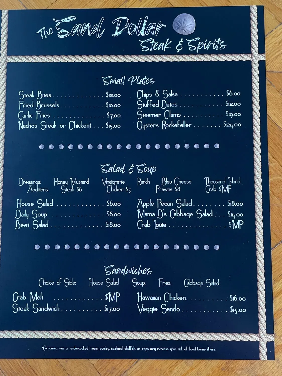 Sand Dollar Steak and Spirits Menu | Westport, WA | Checkle
