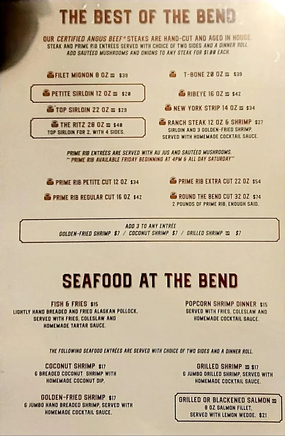 Round the Bend Steakhouse Menu - Updated August 2025