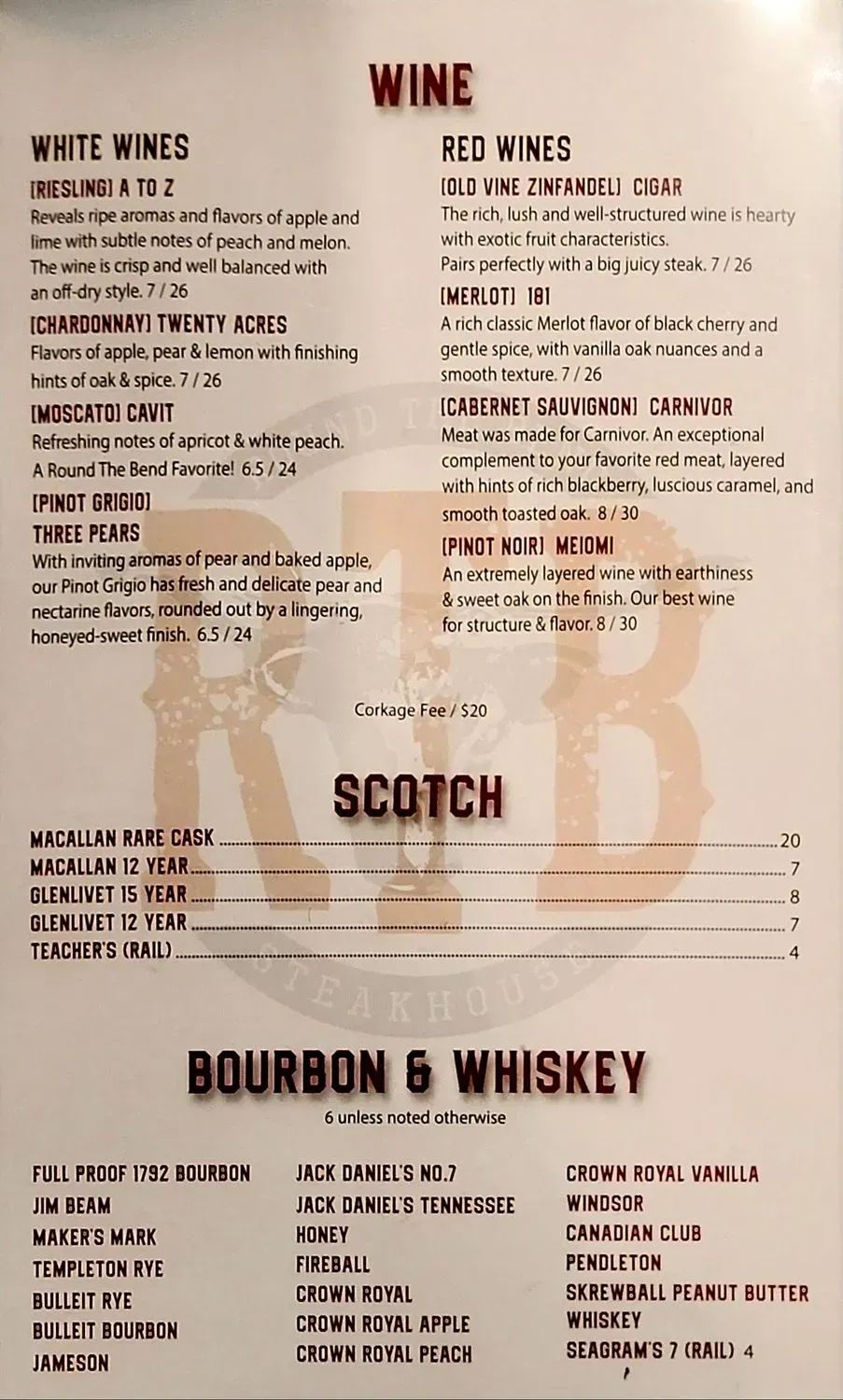 Round the Bend Steakhouse Menu - Updated August 2025