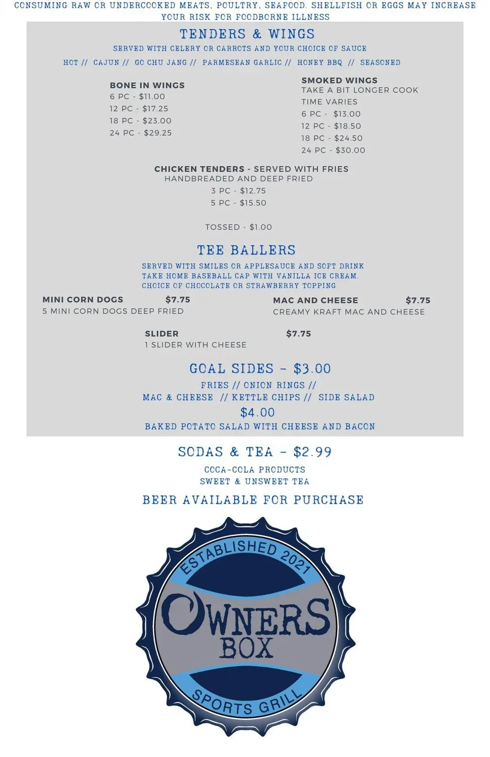 Owners Box Sports Grill Menu - Updated October 2025