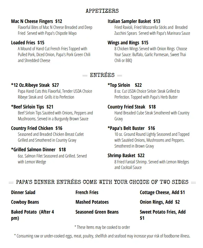 Papa's Grill Menu - Updated October 2025